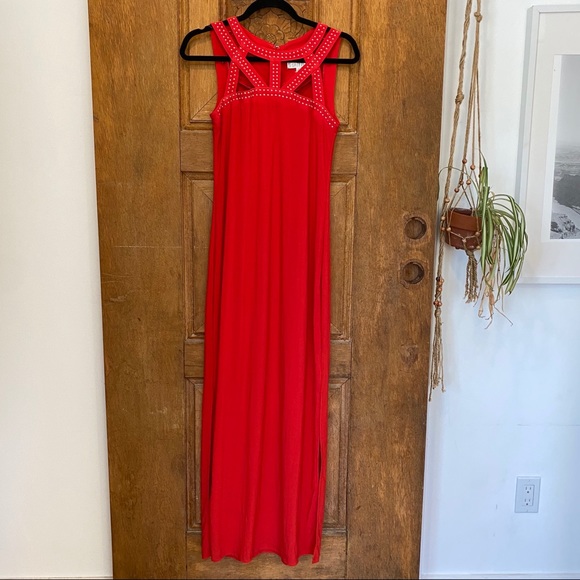 Spense | Dresses | Spense Maxi Dress Gown Caged Cut Out Neckline Red ...